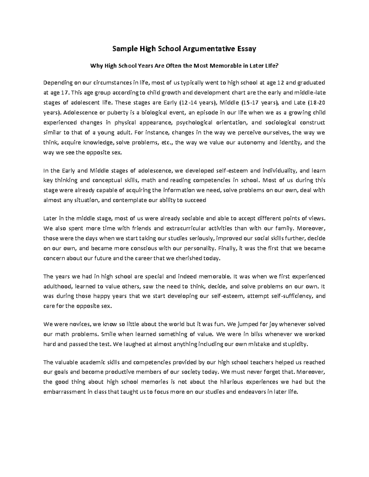 Argumentative article 2 - Sample High School Argumentative Essay Why ...