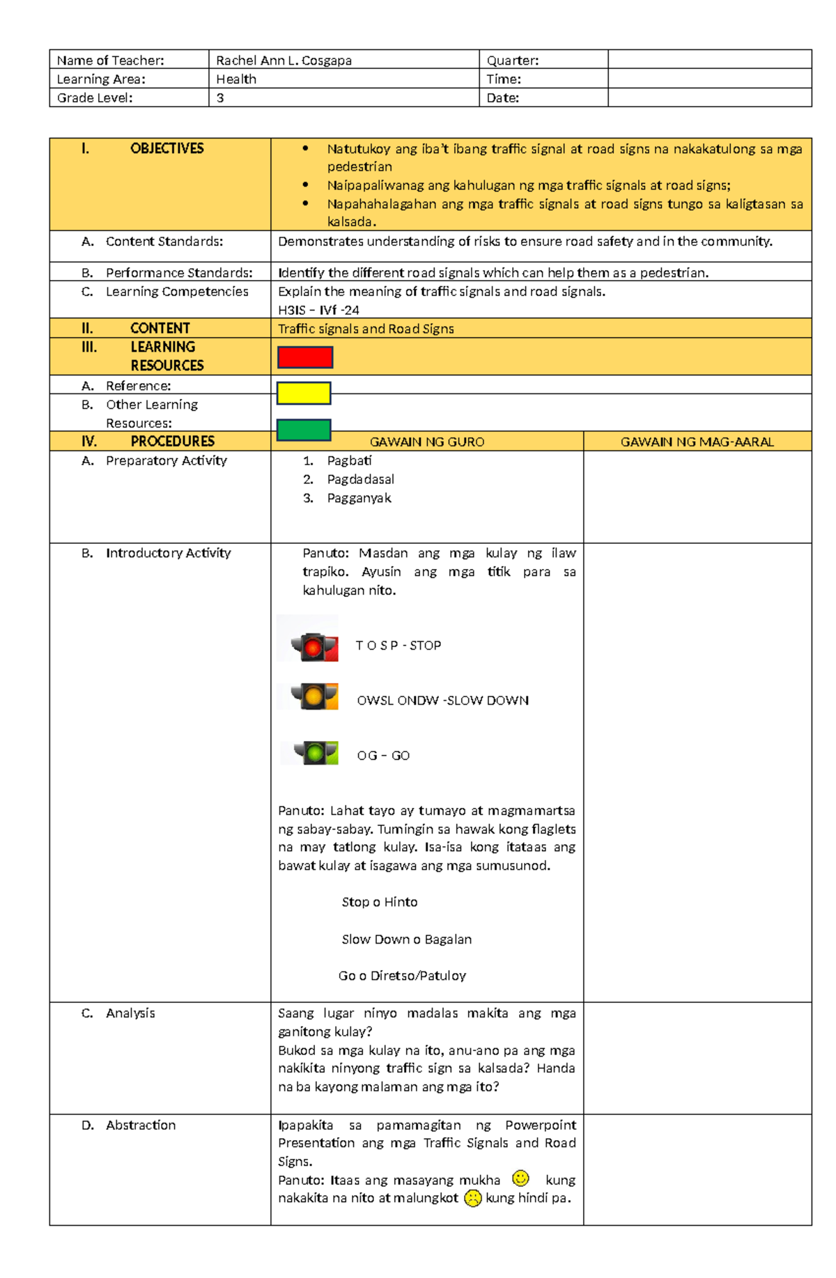 Lesson Plan: Traffic Signals & Road Signs for Health 3 - Studocu