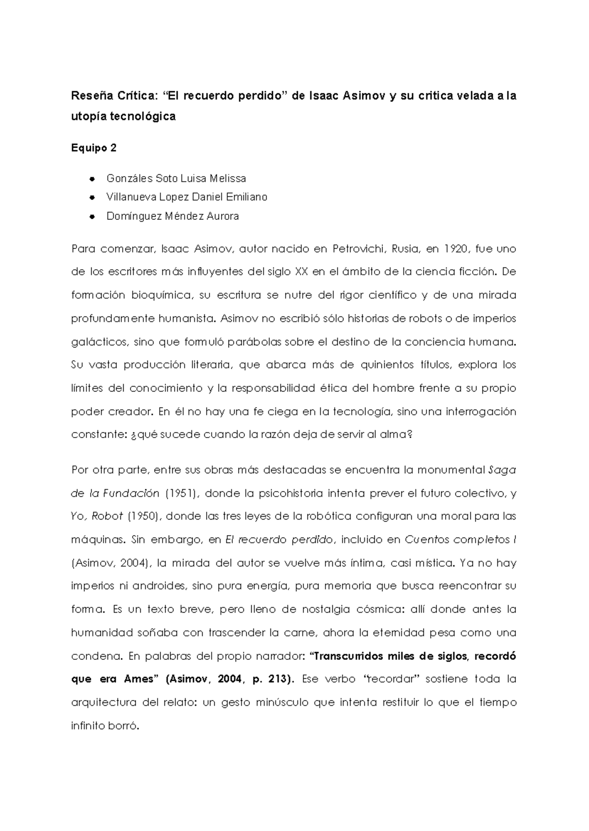 Reseña Crítica: Análisis de "El recuerdo perdido" de Asimov - Studocu