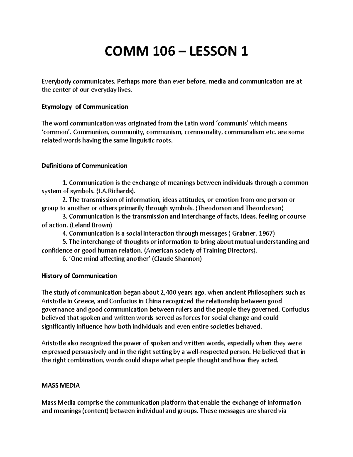 COMM106 Lessons 1 to 2 Handout - COMM 106 – LESSON 1 Everybody ...
