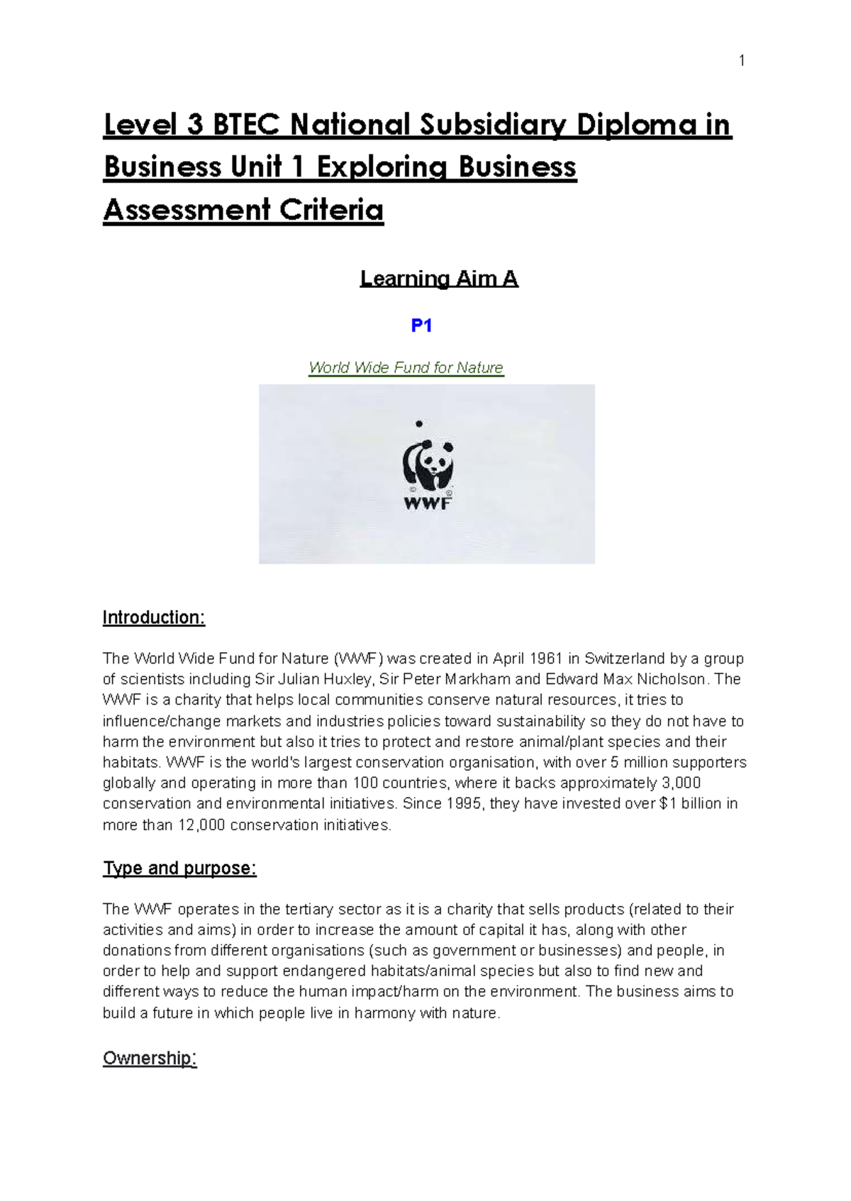 BTEC Level 3 Business Unit 1: Exploring WWF & Amazon Stakeholders ...