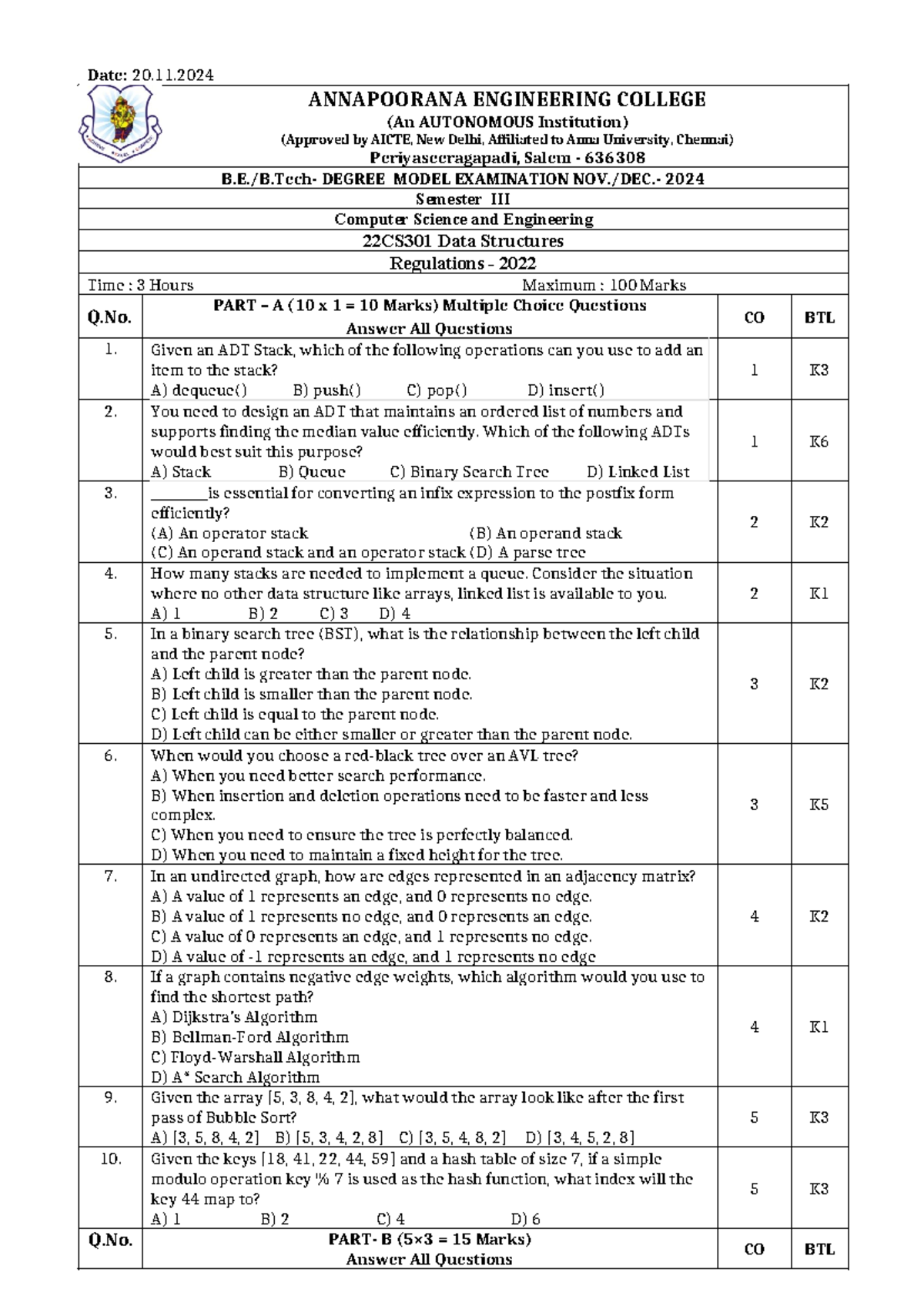 Data Structures Model Exam QBank 22CS301 - 2024 - Studocu