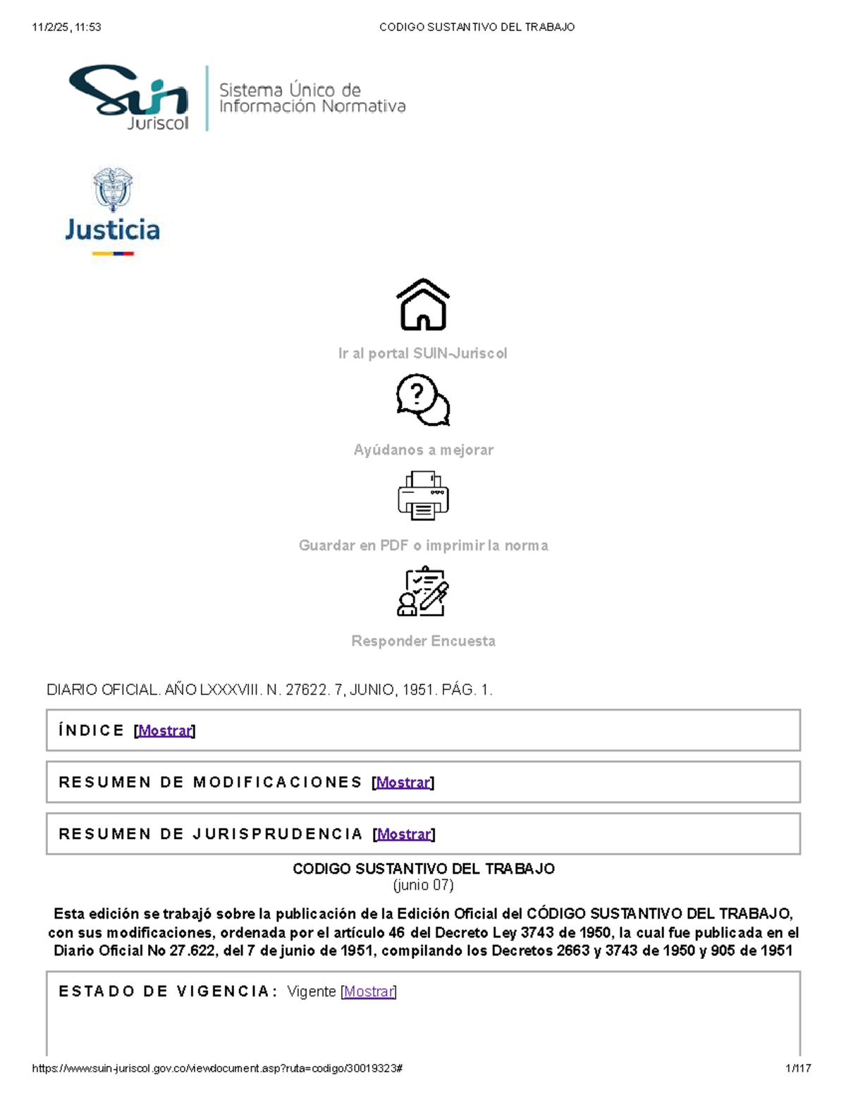 Código Sustantivo del Trabajo: Edición Oficial y Modificaciones - Studocu