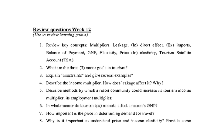 Tourism Economics Review Questions - Week 12 Insights - Studocu