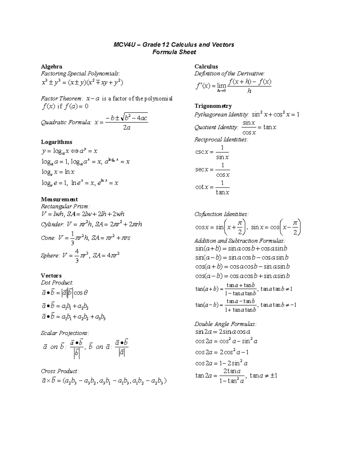 MCV4U Grade 12 Calculus & Vectors Formula Sheet - Studocu