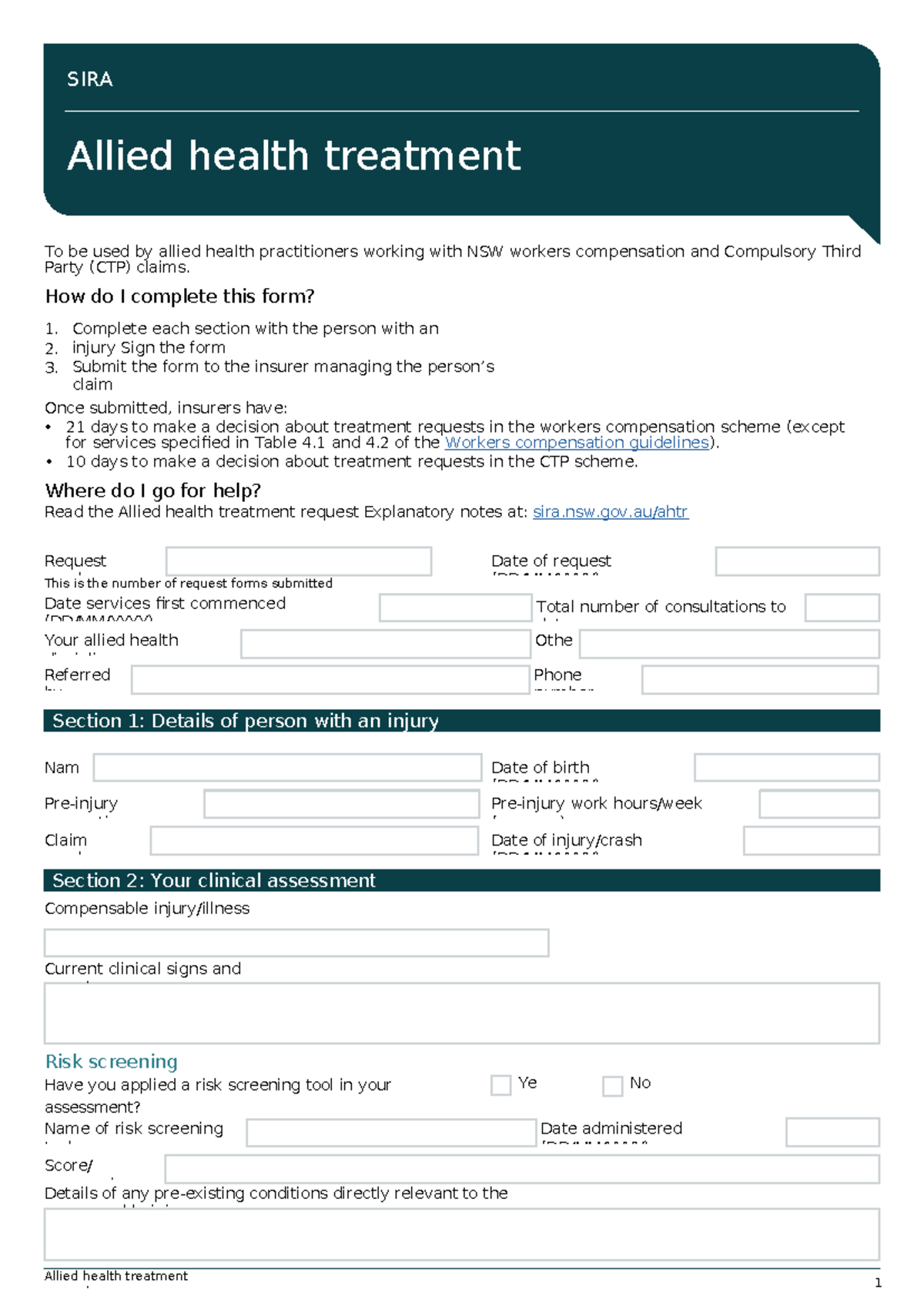 SIRA Allied Health Treatment Request Guide for NSW Practitioners - Studocu
