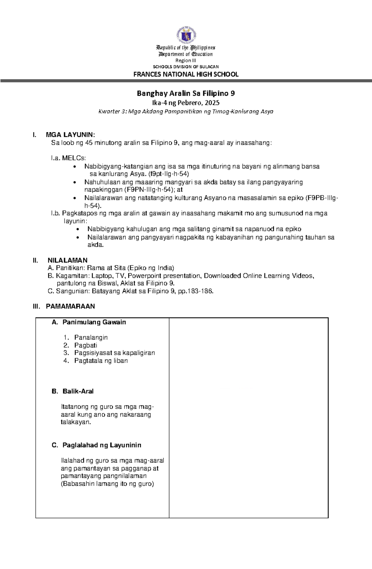 Epiko-1 - Lesson Plan - Republic of the Philippines Department of ...