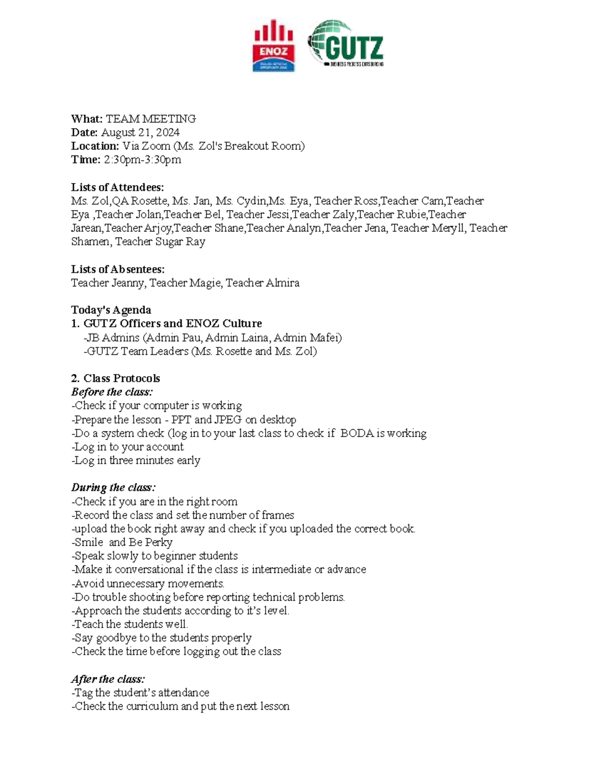 TEAM MEETING MINUTES - August 21, 2024 - Via Zoom - Studocu