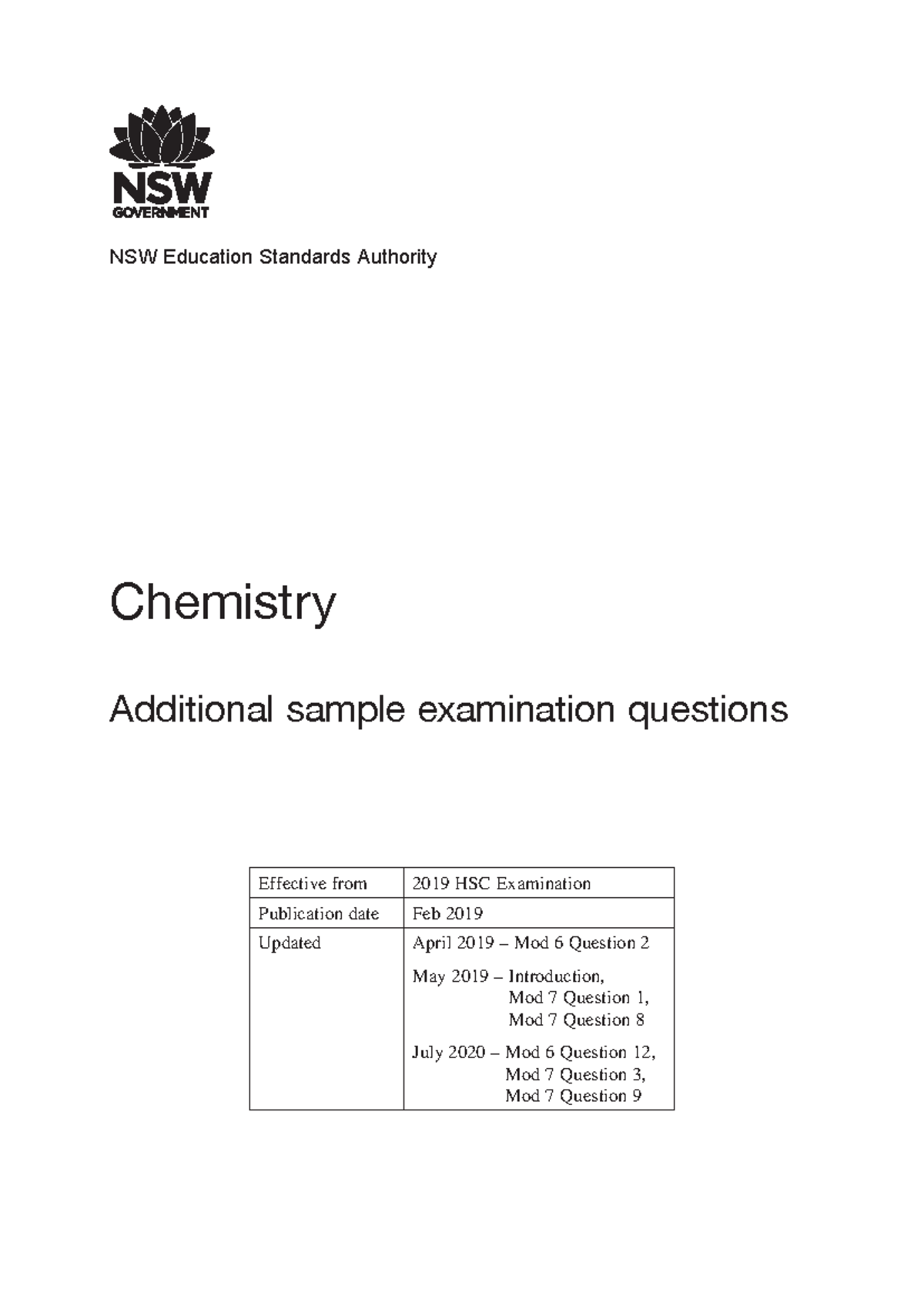 Chemistry HSC 2019 Sample Exam Questions for Modules 5-8 - Studocu
