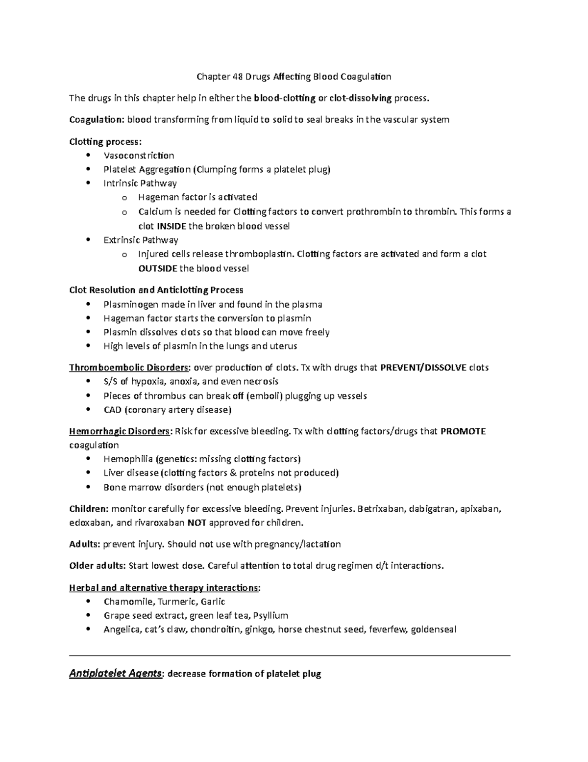 Pharm Ch 48: Drugs Impacting Coagulation and Clotting Disorders - Studocu