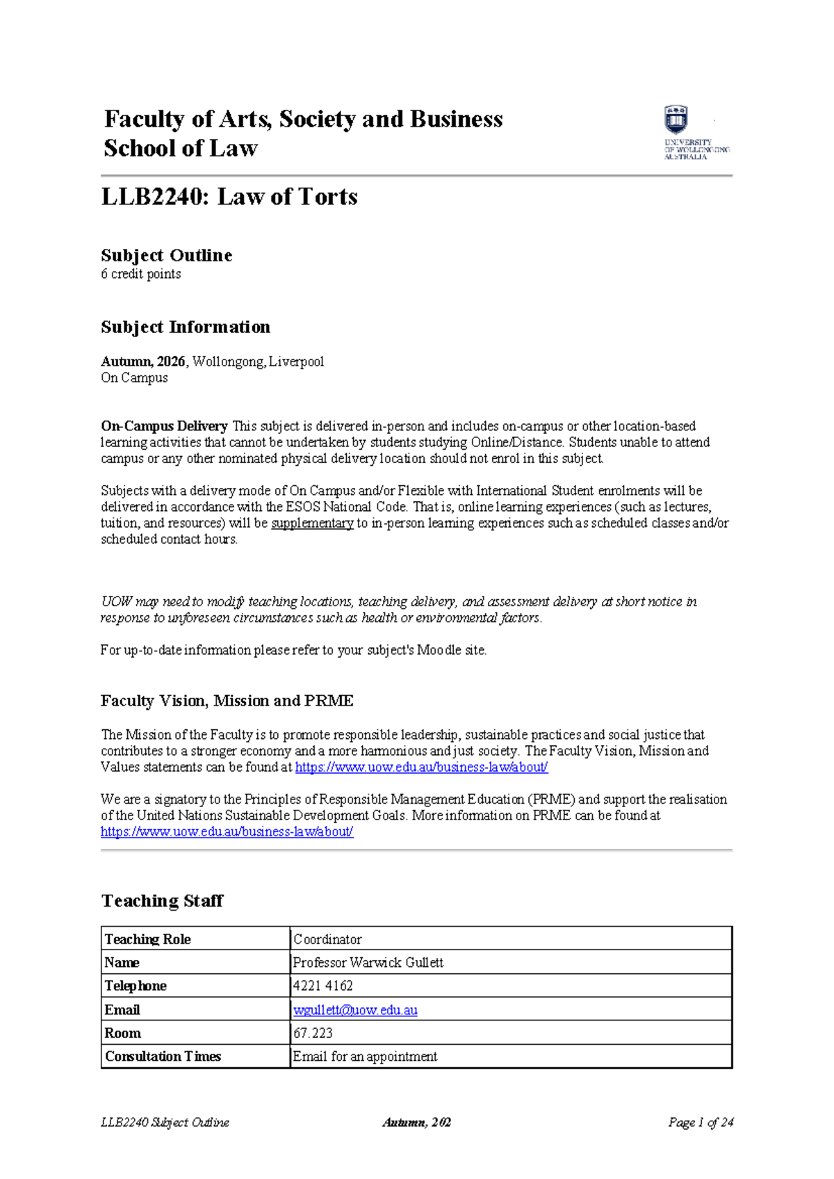 LLB2240: Law of Torts Subject Outline - Autumn 2026 - Studocu