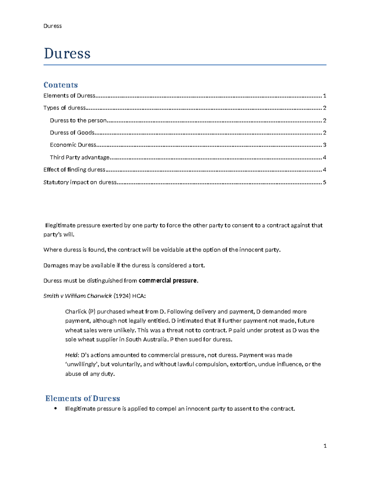 Duress in Contract Law: Key Concepts and Case Studies - Studocu