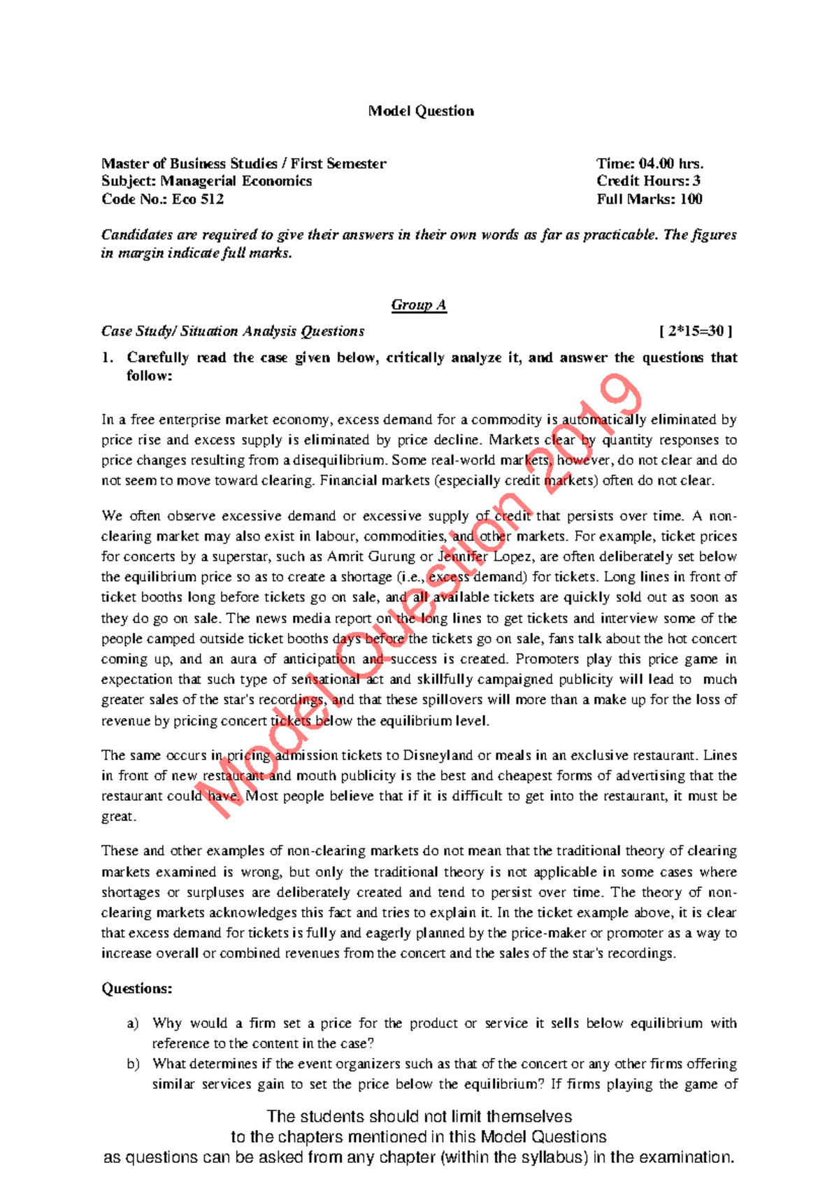 MBS 1st Sem Model Question Paper for Managerial Economics - Eco 512 ...