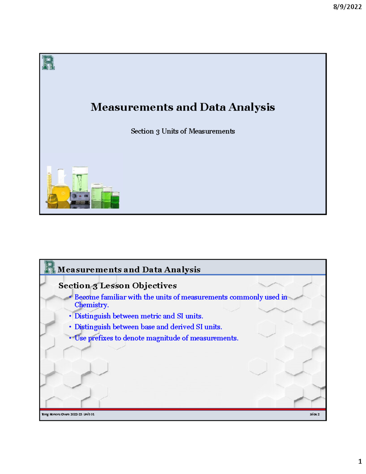 Tong Honors Chem 2022-23 Unit 01: Overview of Measurement Units - Studocu