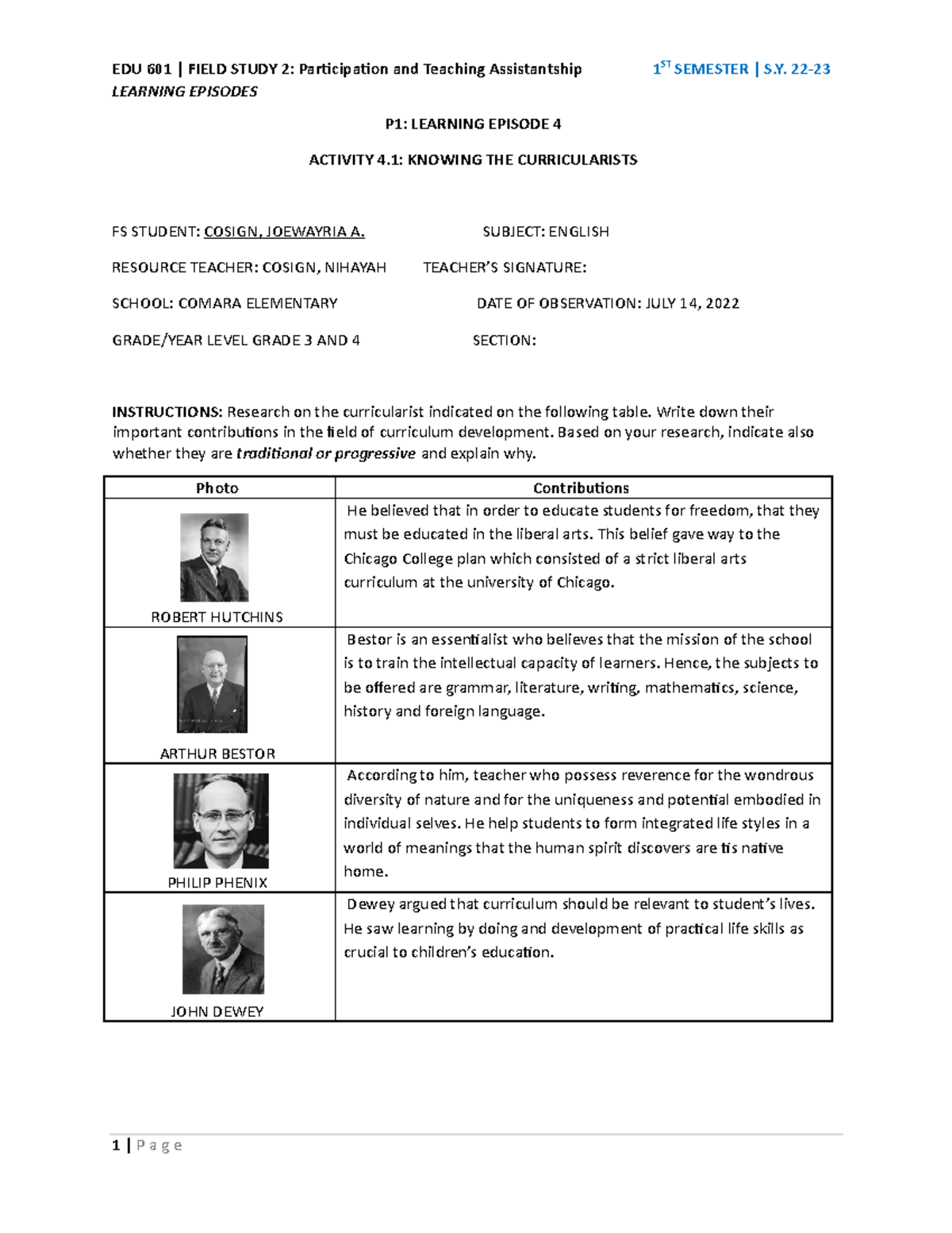 FS2 Episode 4 - LEARNING EPISODES P1: LEARNING EPISODE 4 ACTIVITY 4 ...