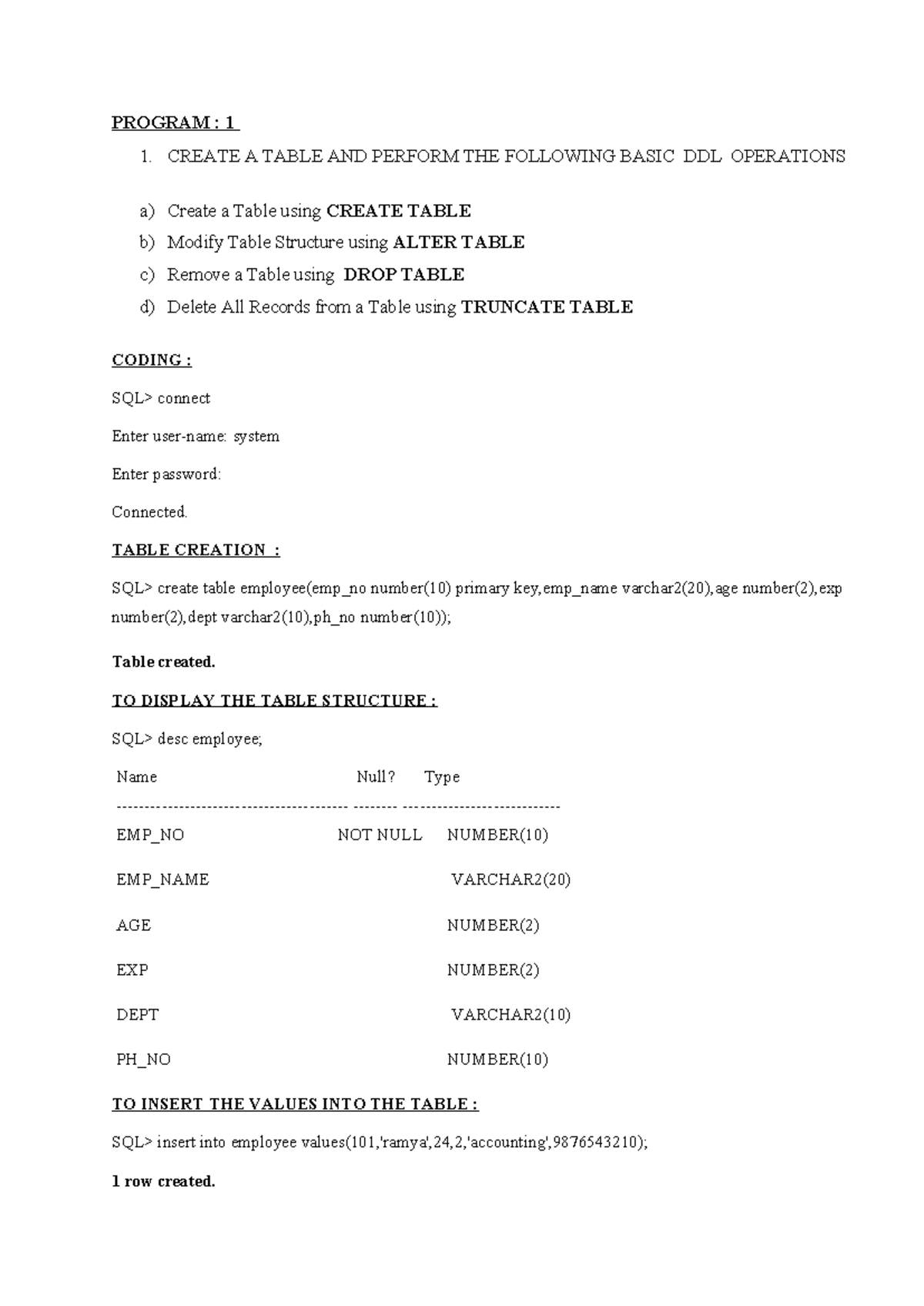 Lab Programs: DDL and TCL Operations in SQL (CS101) - Studocu