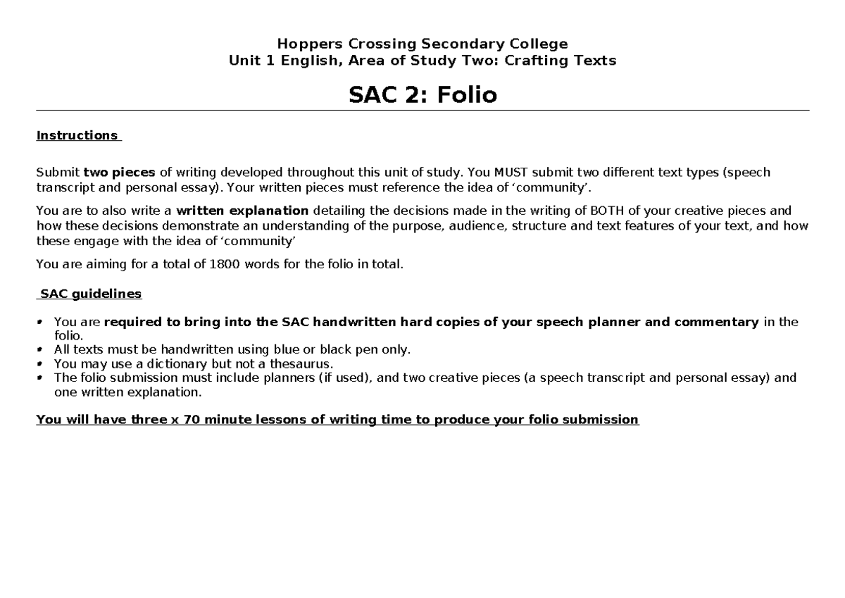 2024 U1 Crafting Texts SAC Task Sheet - Hoppers Crossing Secondary ...