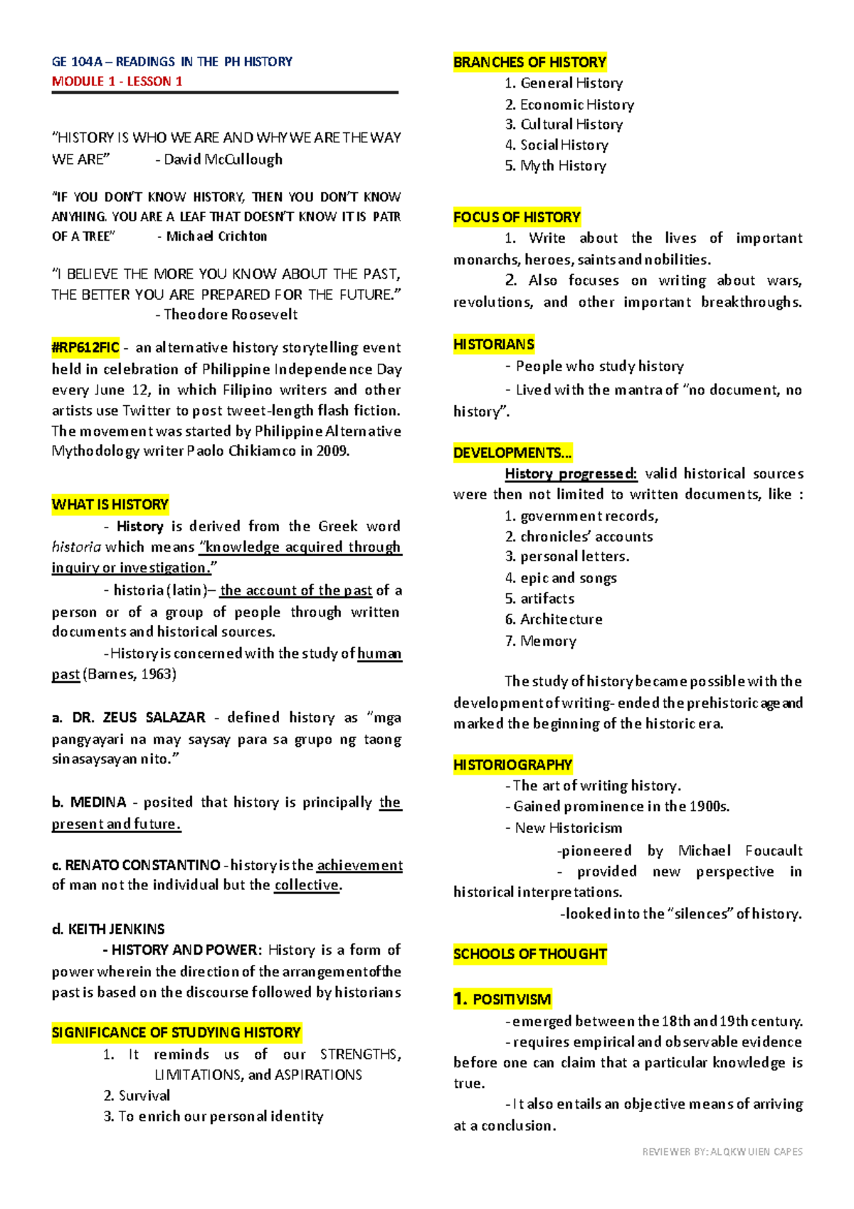 GE 104A READINGS IN PH HISTORY MODULE 1: MEANING & SIGNIFICANCE OF ...