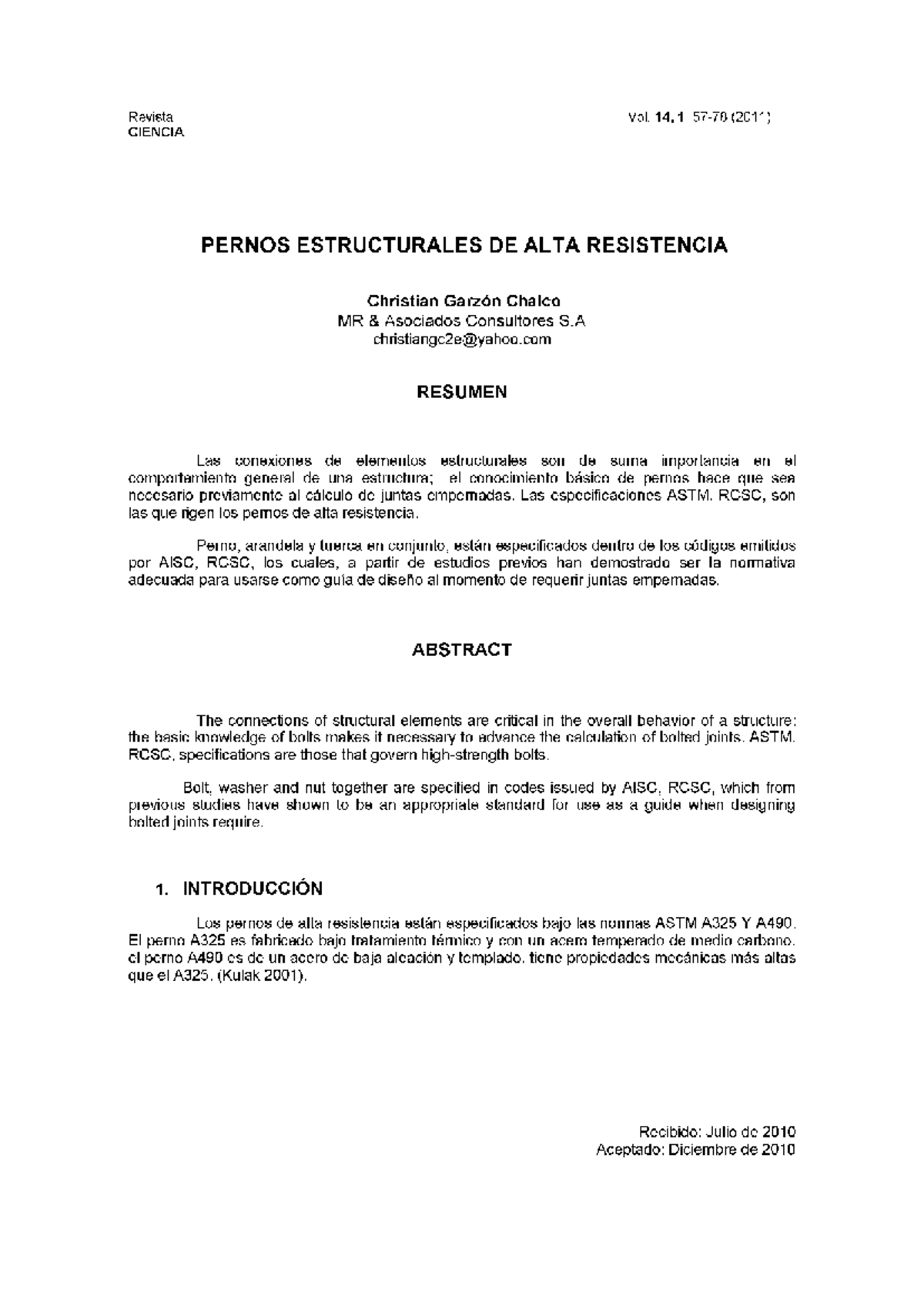 Pernos Estructurales de Alta Resistencia: Normas ASTM y RCSC - Studocu