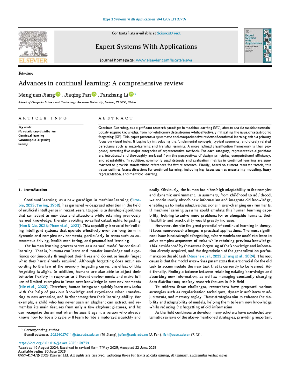 Comprehensive Review of Continual Learning Methods: Advances and Challenges (CS - Studocu