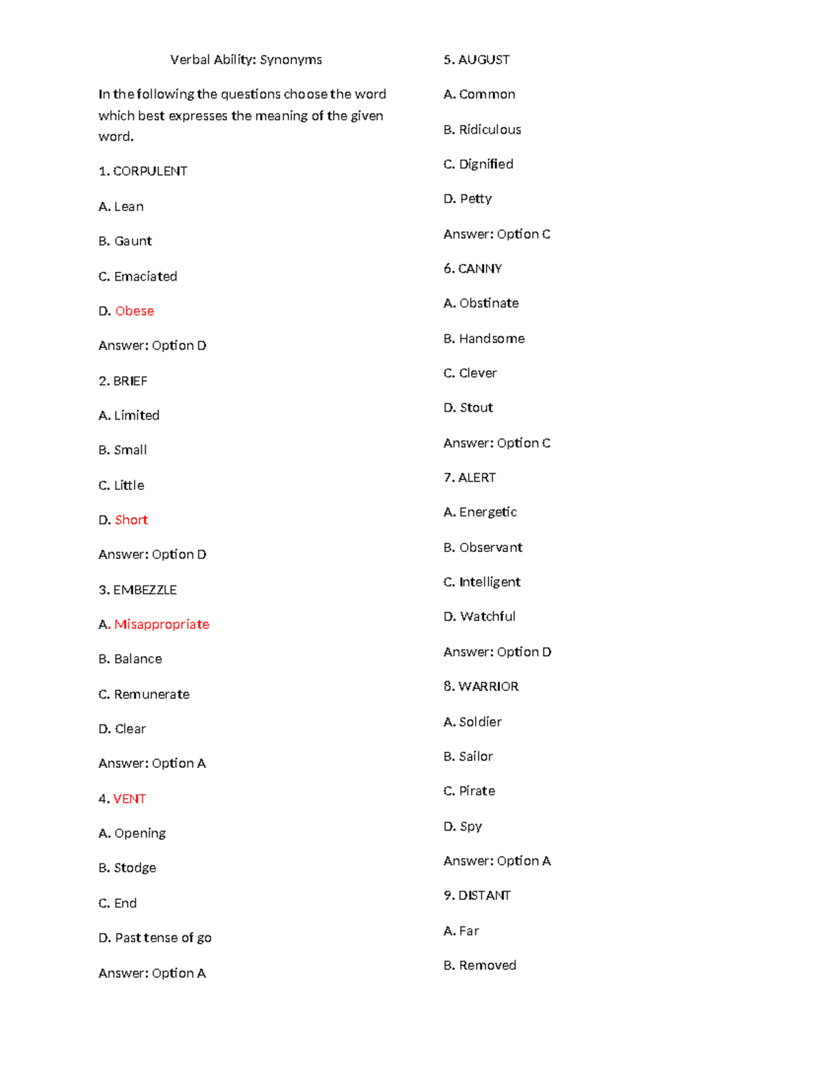 Comprehension - POSTGRADUATE TEST - Verbal Ability: Synonyms In the ...