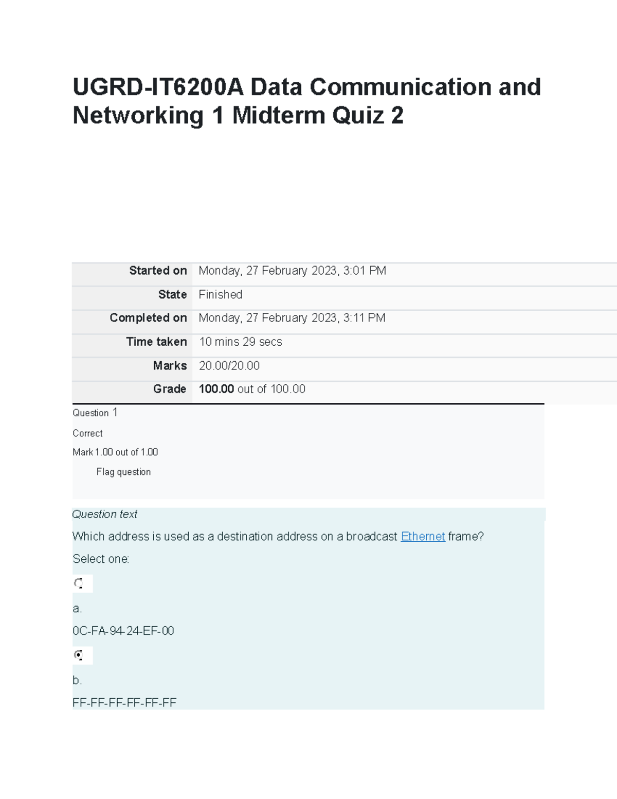 Ugrd It6200a Data Communication And Networking 1 Midterm Quiz 2 Grade