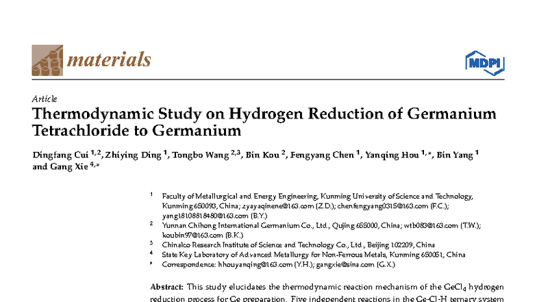 Thermodynamic Analysis of H2 Reduction of GeCl4 for Ge Production - Studocu