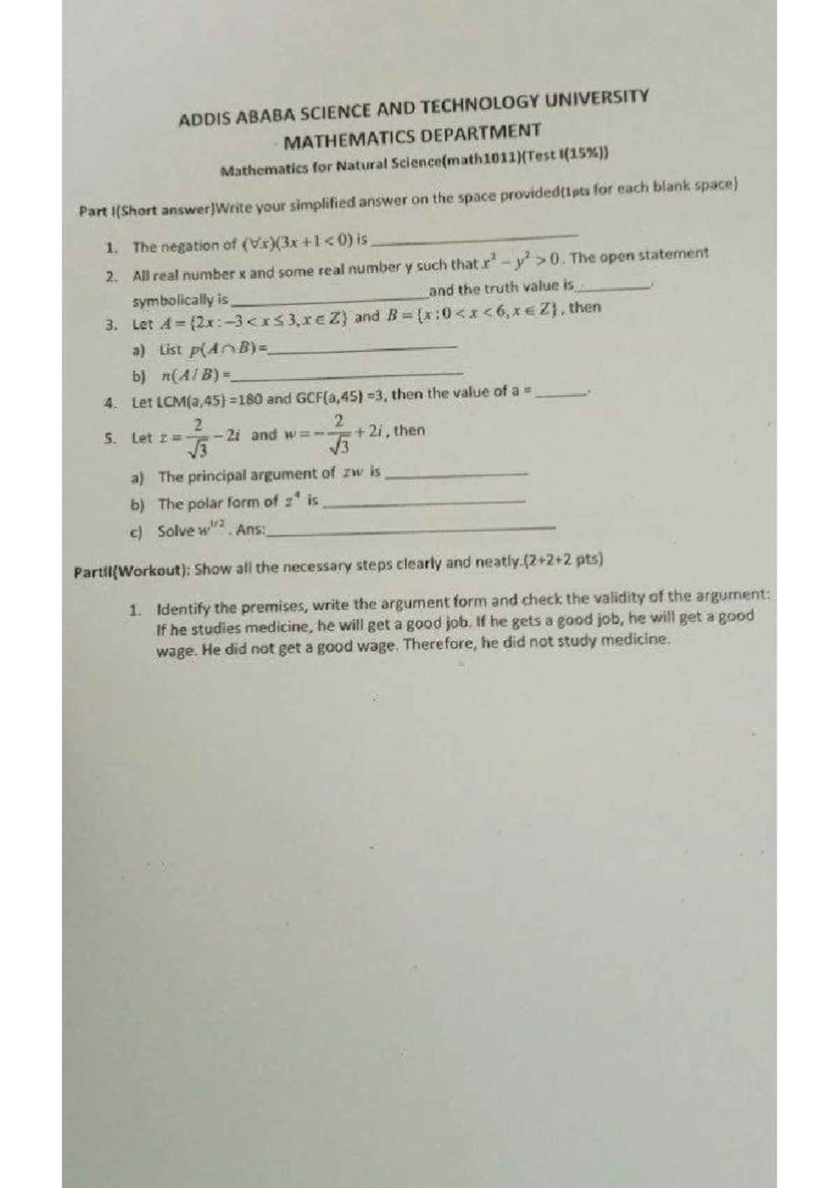 A+ Natural Math 1011 Course Outline - A+ Tutorial Class DEPARTMENT OF MATHEMATICS MATHEMATICS ...