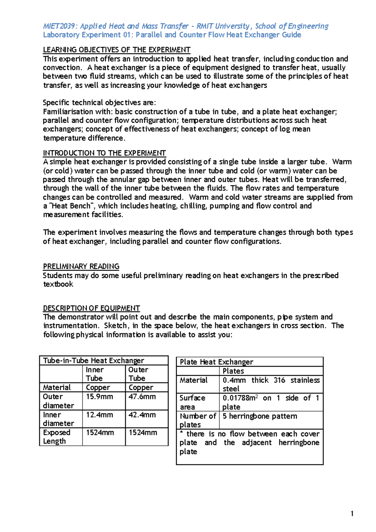 MIET2039: Lab Experiment 01 - Parallel & Counter Flow Heat Exchangers ...