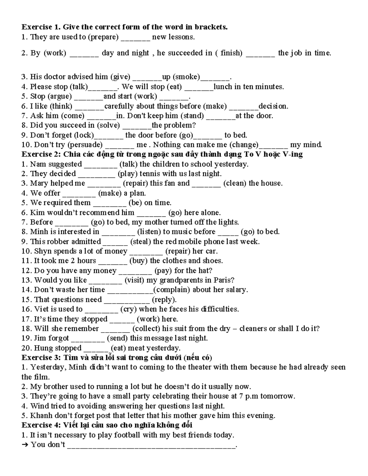 Bài tập To V và Ving - Exercise 1 đến 4 - Studocu