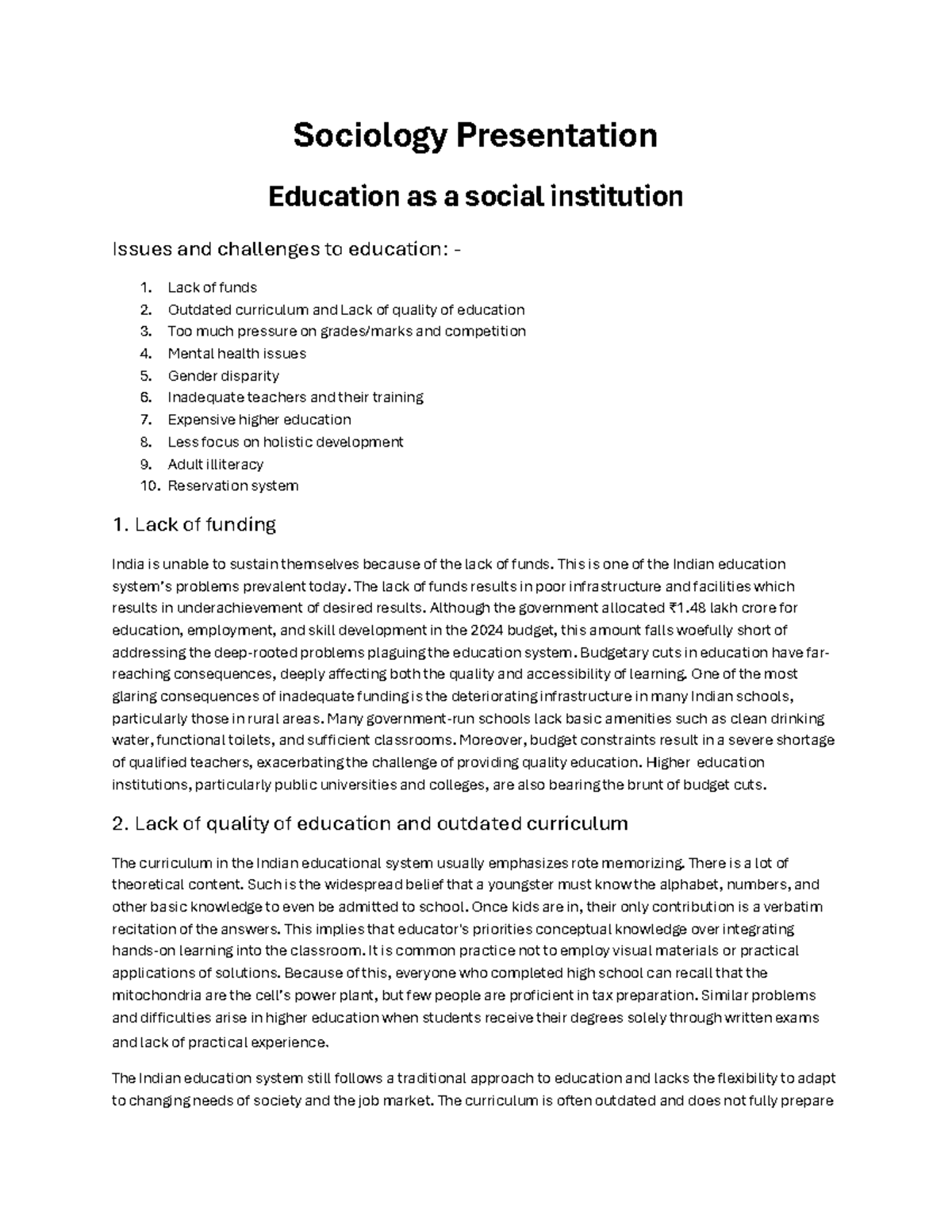 Sociology Presentation: Education Issues & Challenges (SOC101) - Studocu