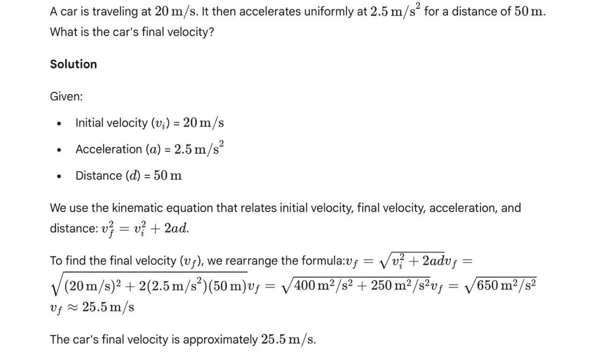 Physics - Kinematics: Final Velocity Calculation (20 m/s, a=2.5 m/s² ...
