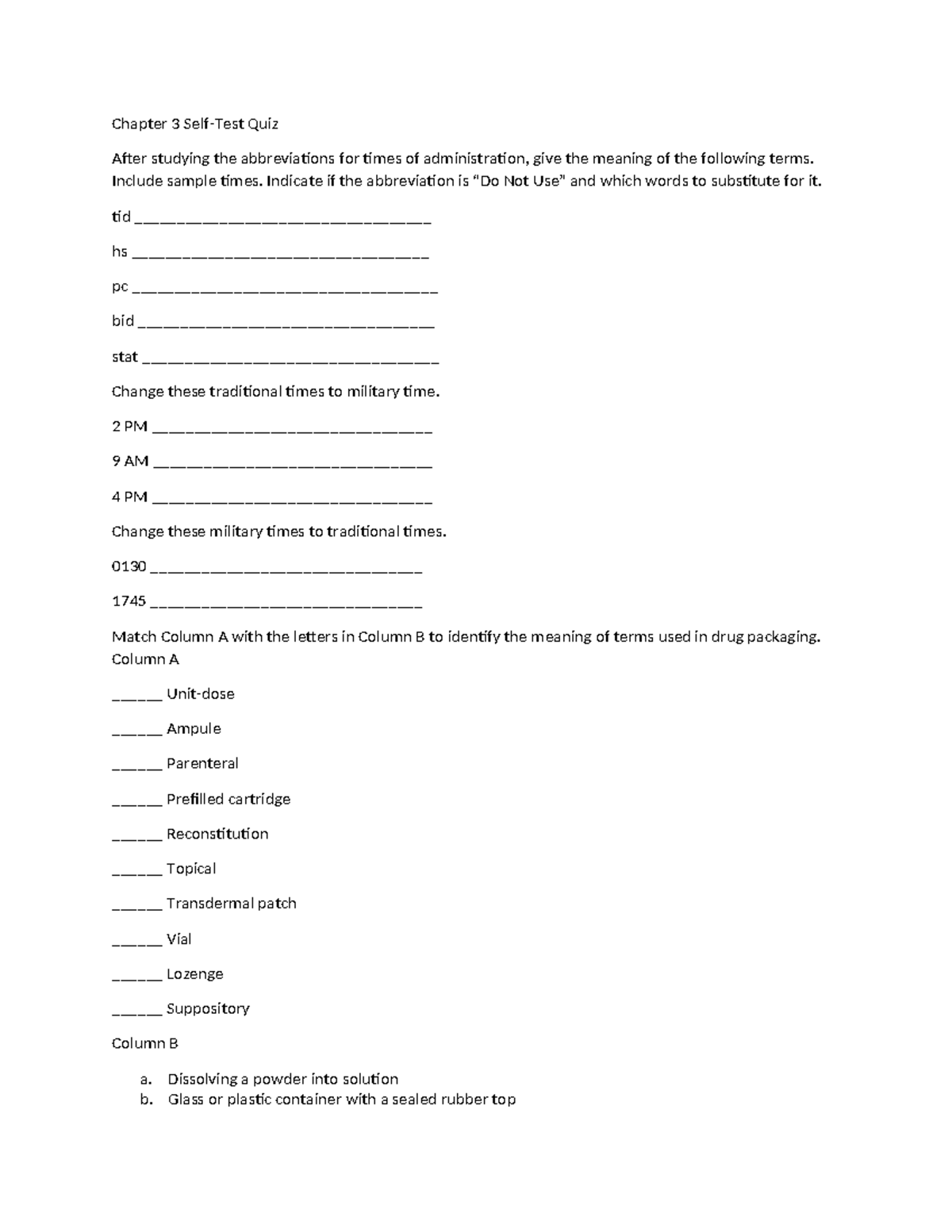 Med Math Worksheet: Chapter 3 Quiz on Drug Abbreviations - Studocu