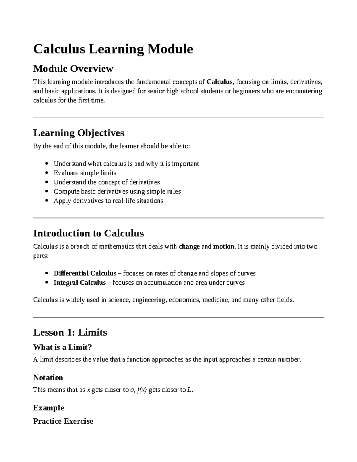 Calculus Module-1: Overview of Limits and Derivatives - Studocu