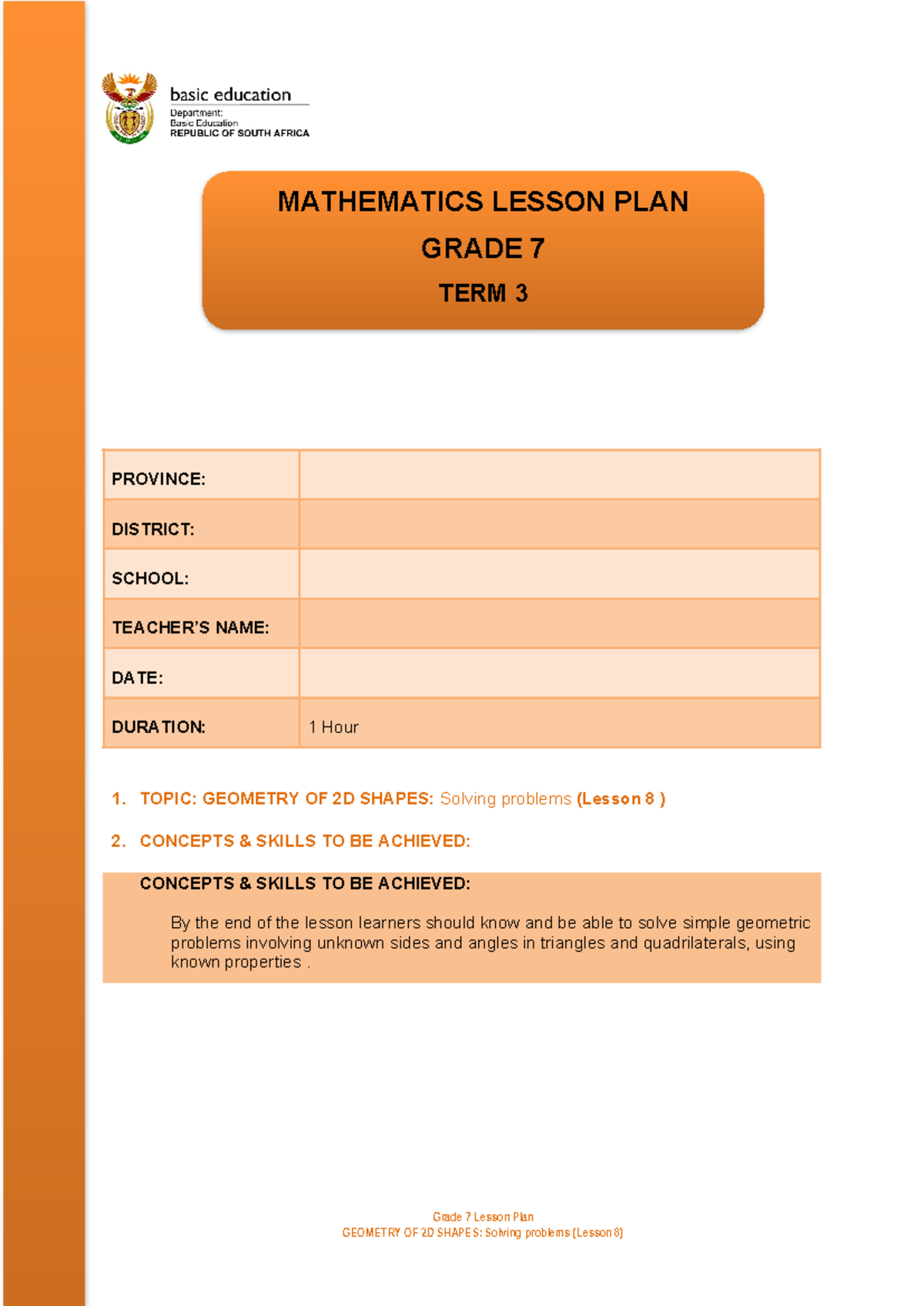 Grade 7 Term 3 Geometry of 2D Shapes: Lesson 8 Overview - Studocu