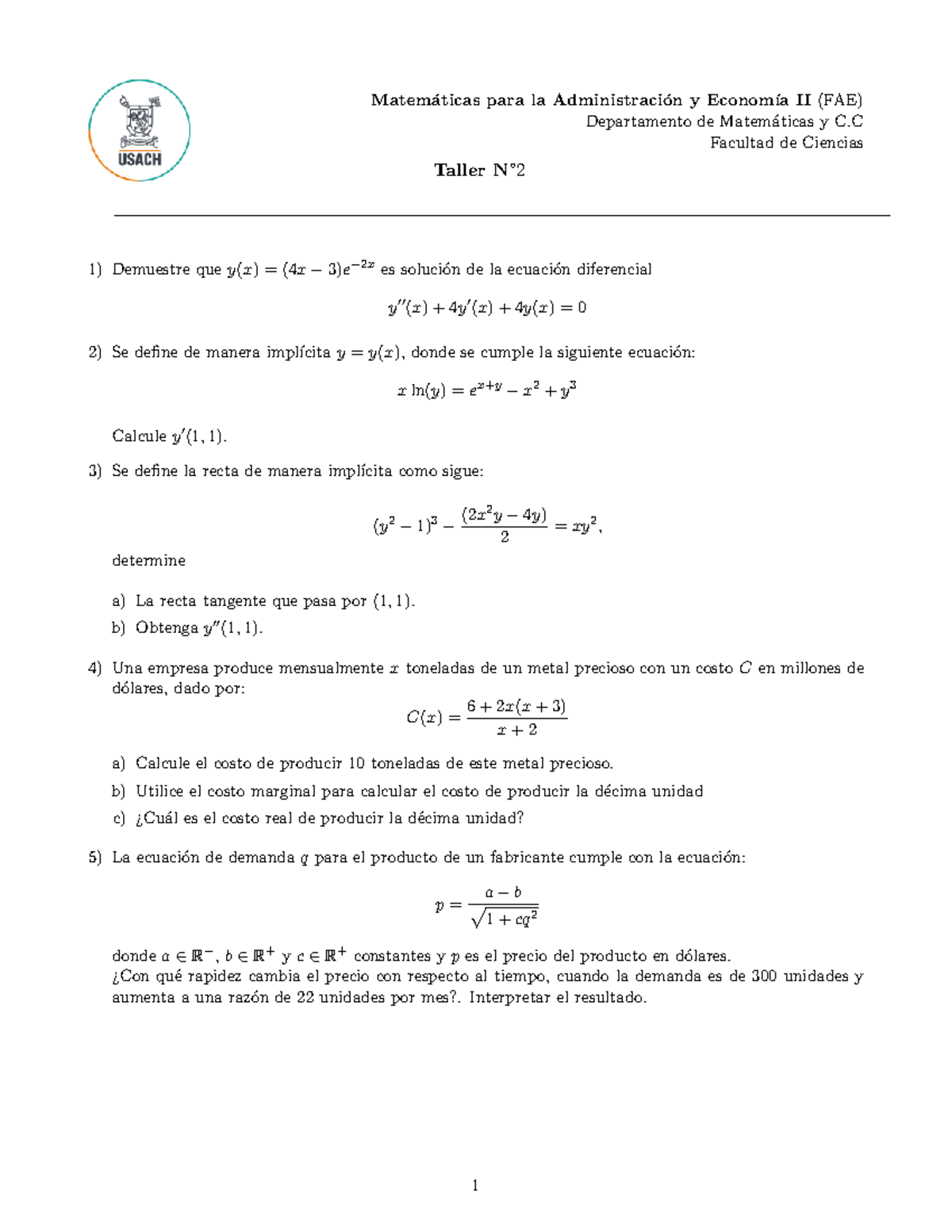 Taller 1 de Matemáticas para la Administración y Economía II (FAE ...