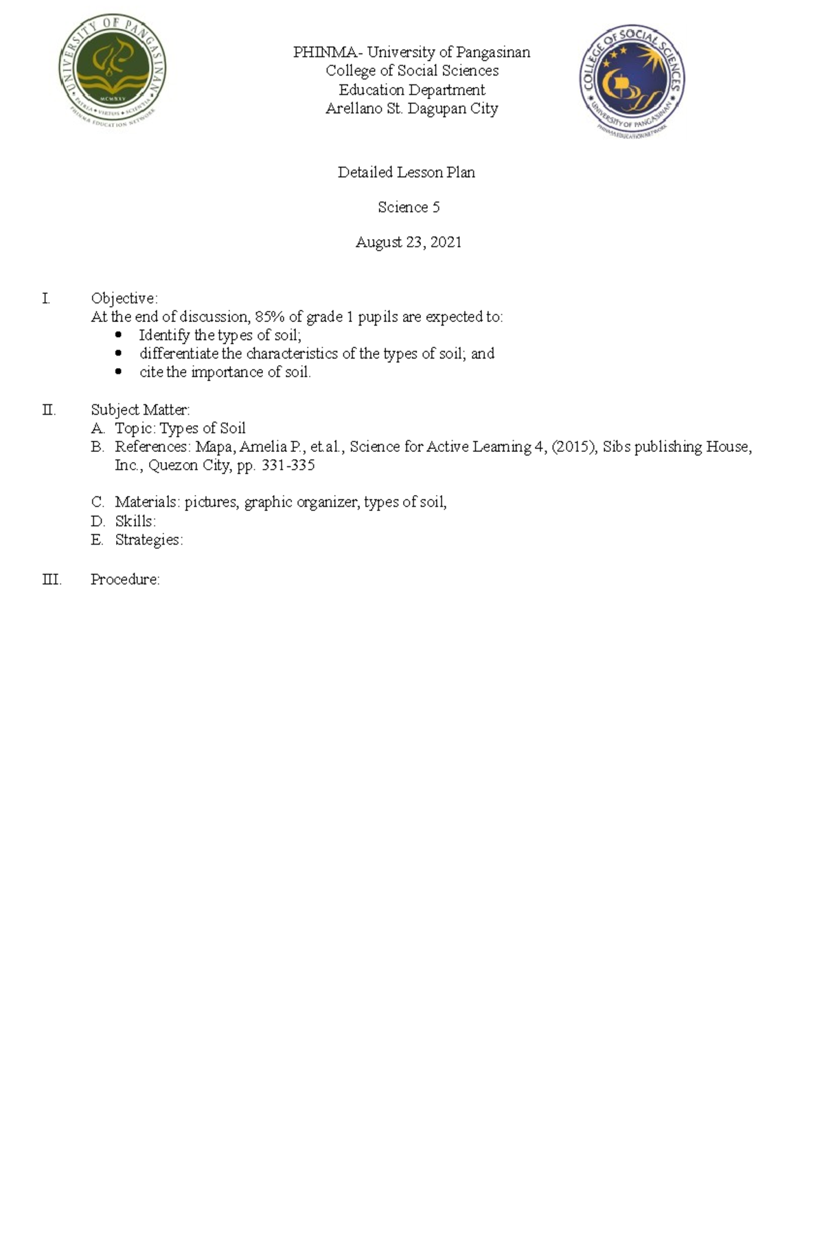 Detailed Lesson Plan on Types of Soil (Science 5) - Studocu