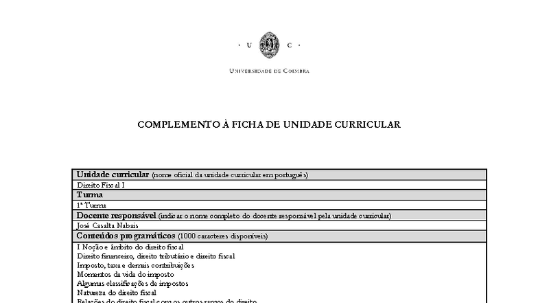 FDUC - Direito Fiscal I - 1ª Turma - Conteúdos Programáticos - Studocu