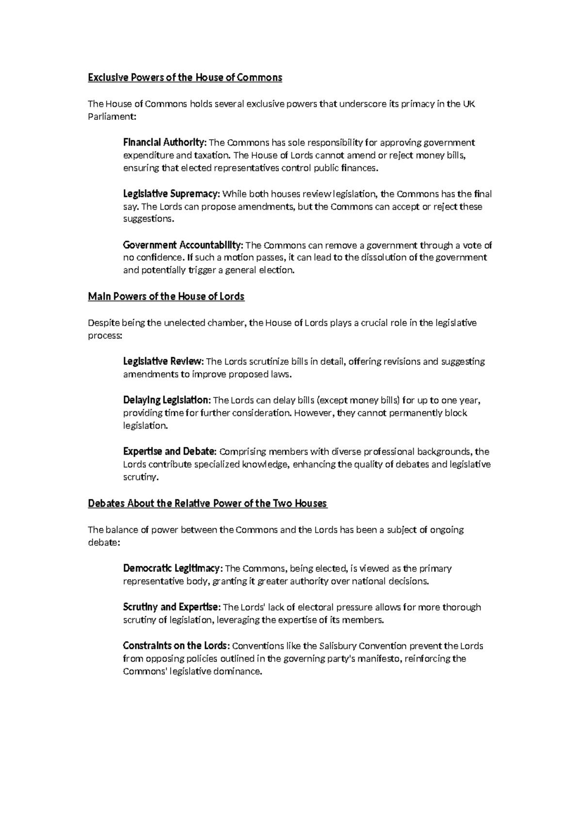 Exclusive Powers of the House of Commons - The House of Lords cannot ...