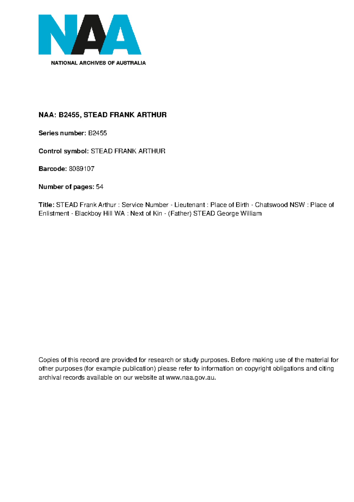 NAA: B2455, 2023 F.A. Stead - Service Record Notes - Studocu