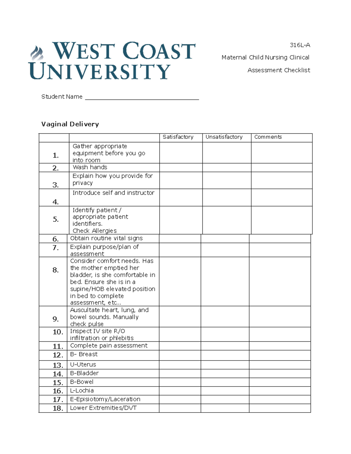 Maternal Child Nursing Clinical Assessment Checklist N316 - Studocu