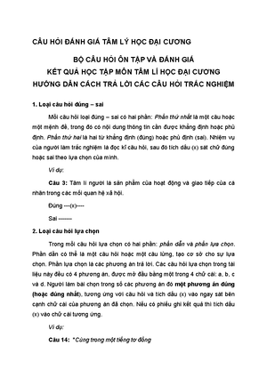 Bo cau hoi trac nghiem tam ly hoc su pham - BỘ CÂU HỎI TRẮC NGHIỆM TÂM LÝ HỌC SƯ PHẠM Câu 1. Đối ...