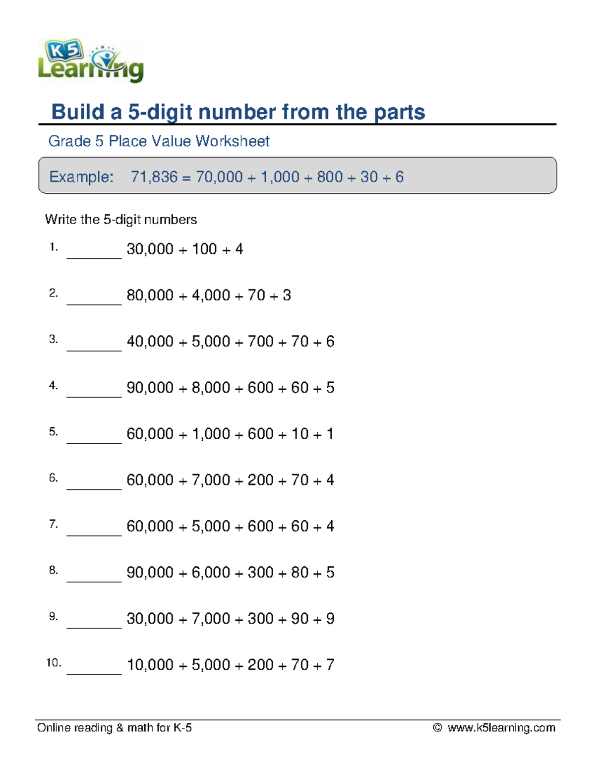 Grade 5 Place Value Worksheet: Building 5-Digit Numbers - Studocu