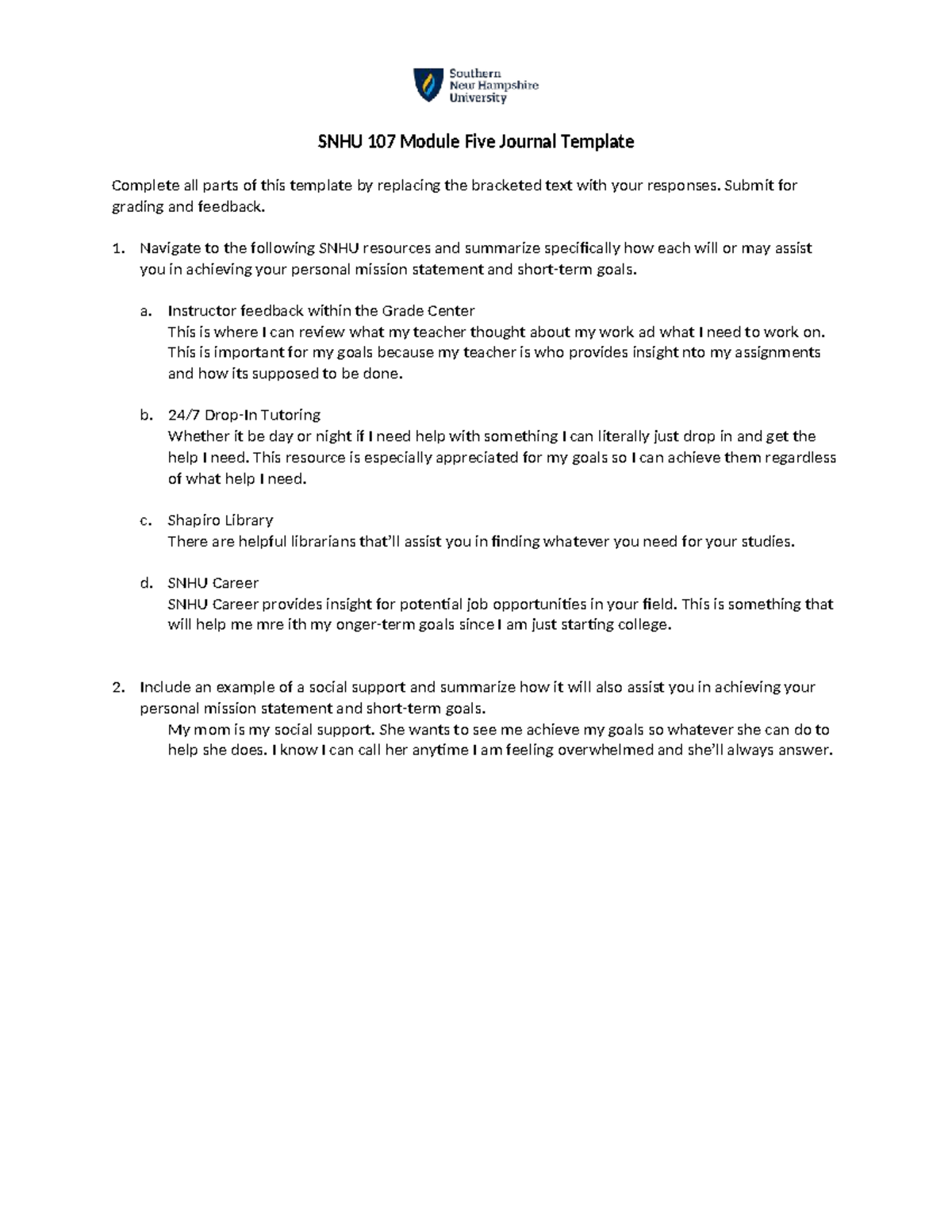 SNHU 107 Module Five Journal Worksheet - SNHU 107 Module Five Journal ...