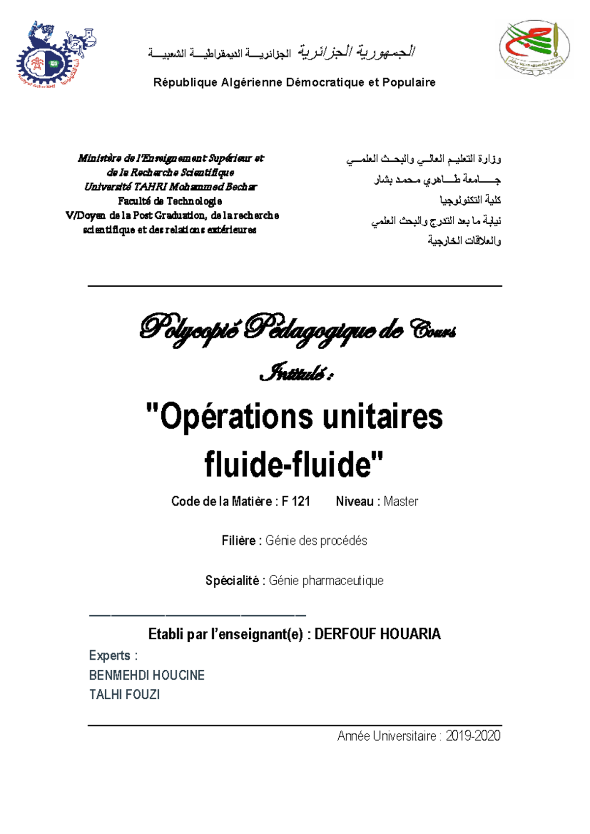 Polycopié de Cours : Opérations Unitaires en Génie Pharmaceutique (F 121) - Studocu