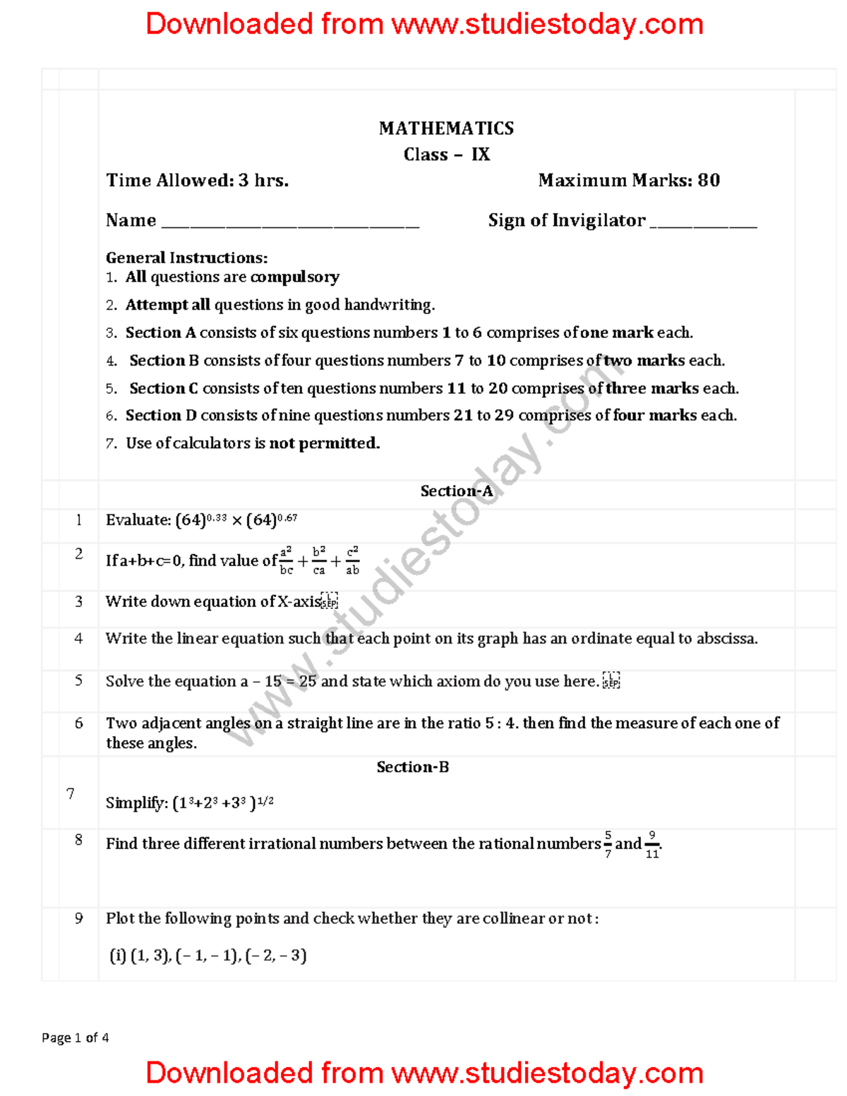 CBSE Class 9 Mathematics Question Paper Set D - Page 1 of 4 MATHEMATICS ...