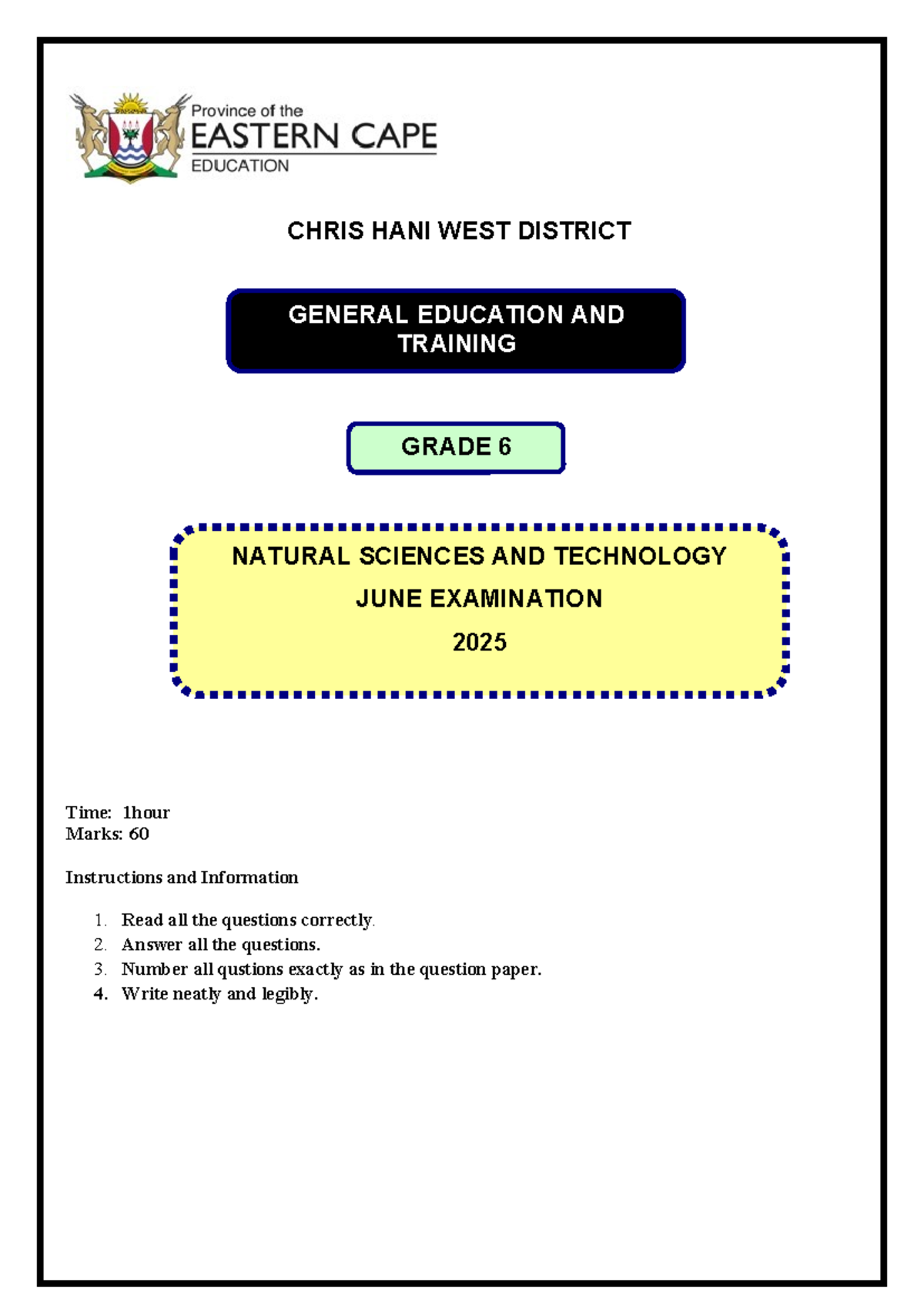 Grade 6 NST June Exam 2025: Natural Sciences & Technology - Studocu