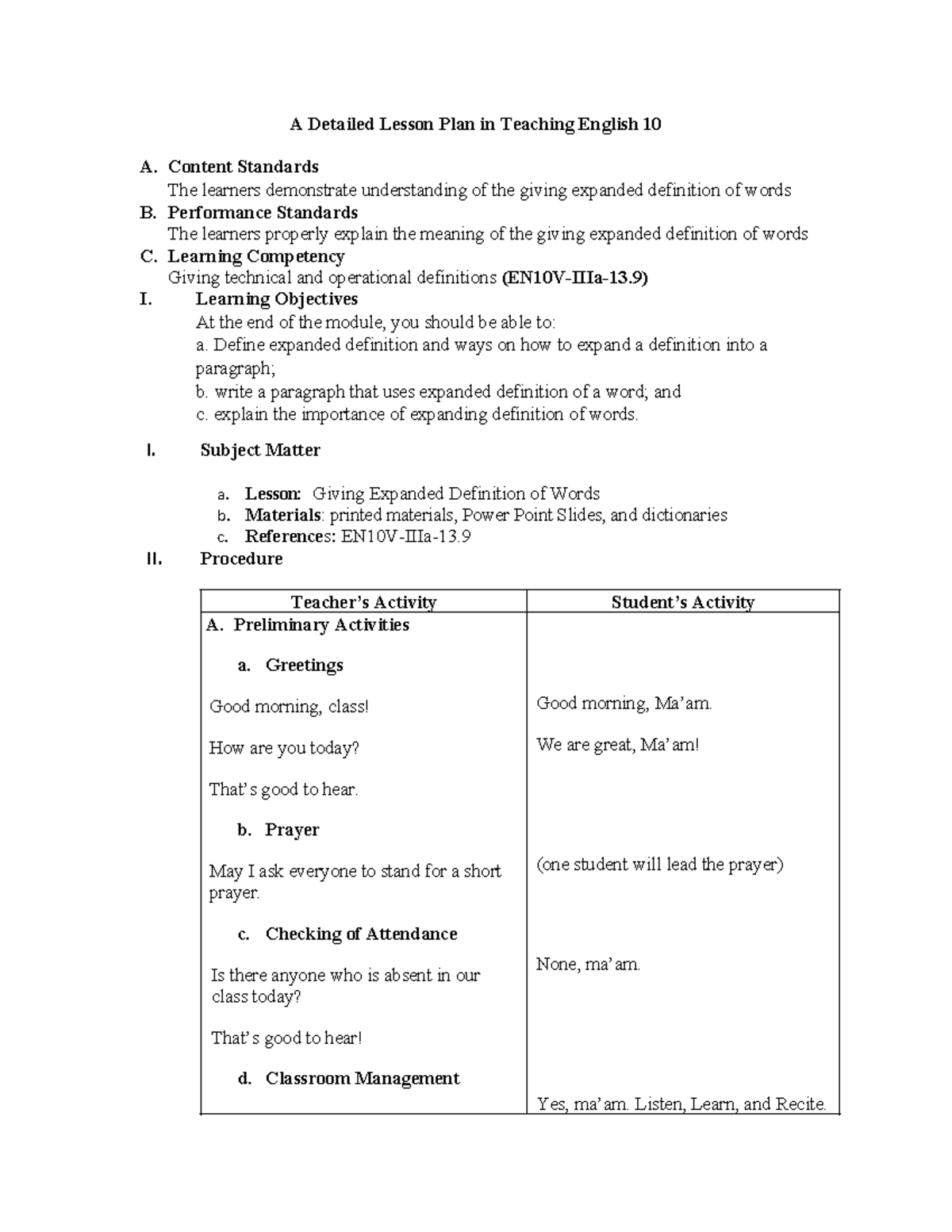 Expanded Definitions Lesson Plan for English 10 (EN10V-IIIa-13) - Studocu