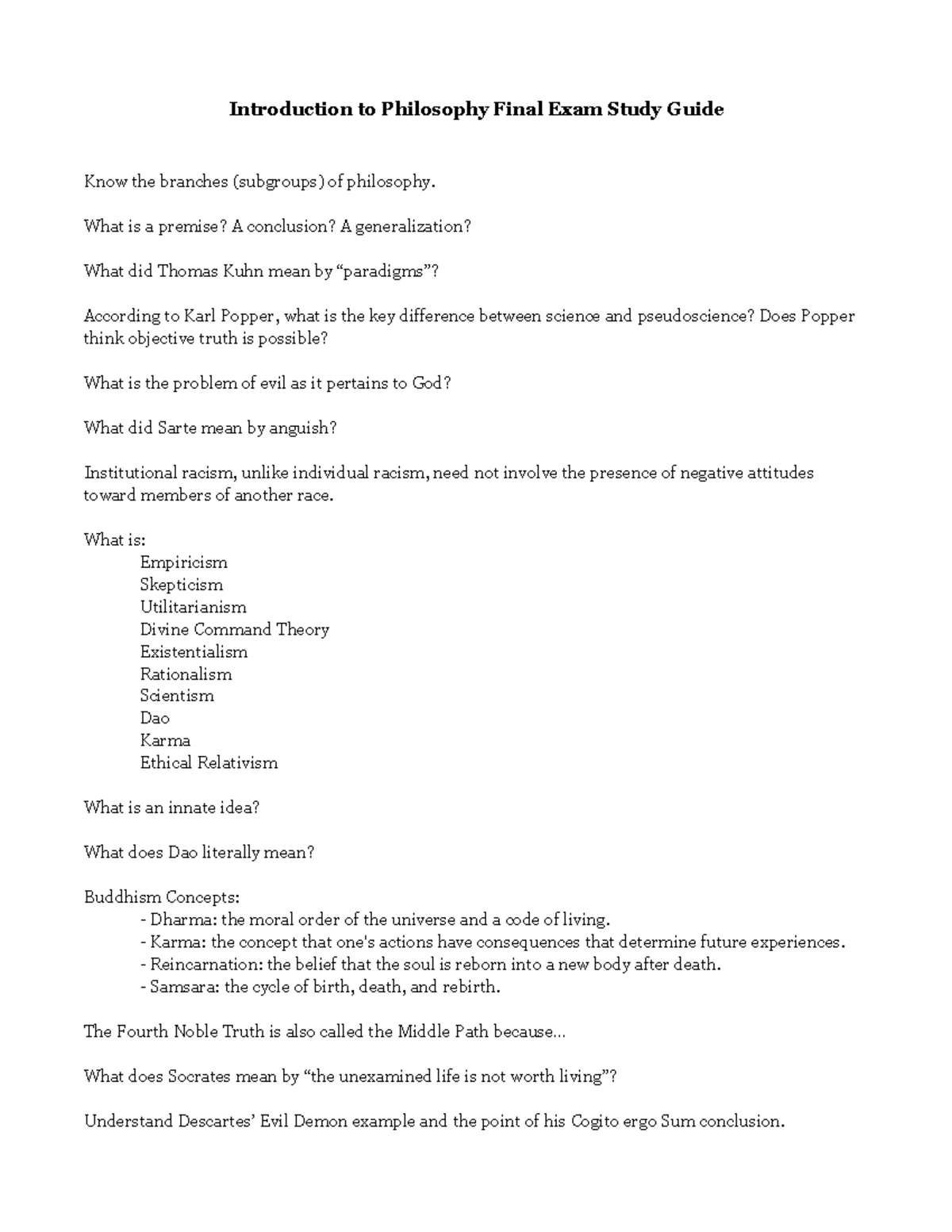 PHIL 101: Final Exam Study Guide for Introduction to Philosophy - Studocu