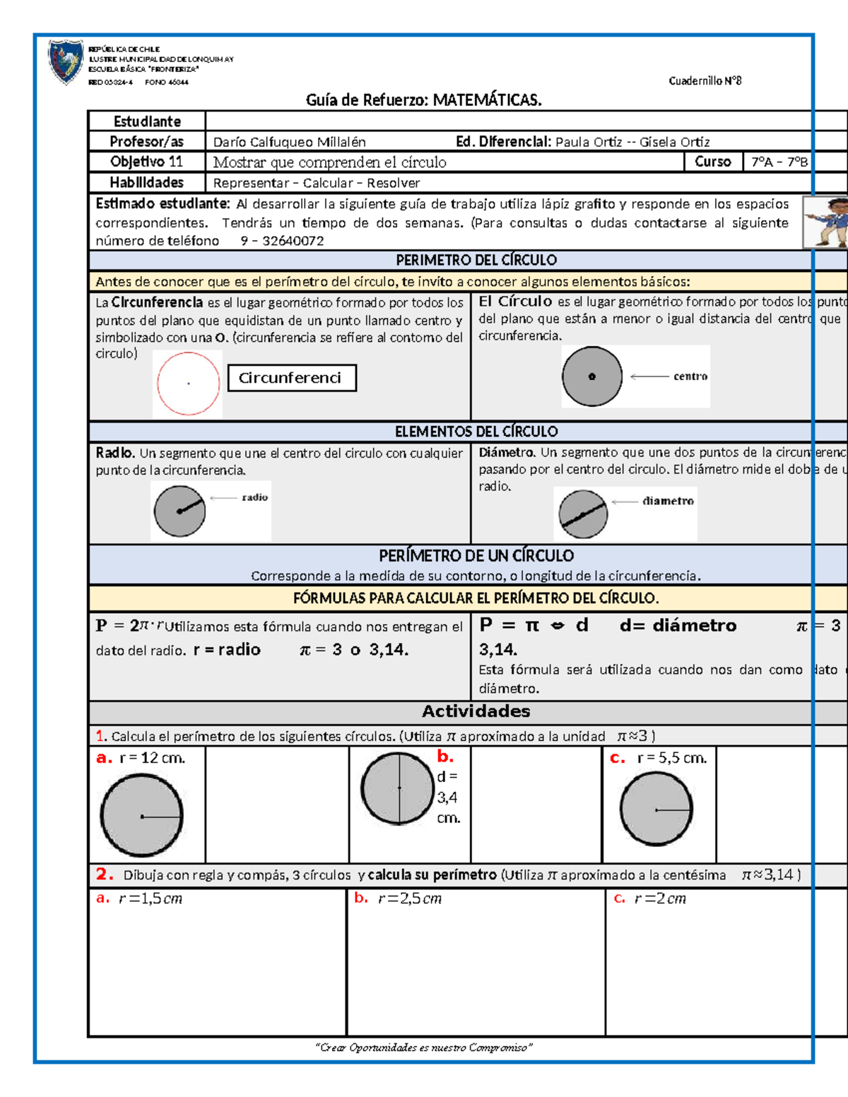 Guía de Refuerzo: Matemáticas 7MOS - Área y Perímetro del Círculo - Studocu
